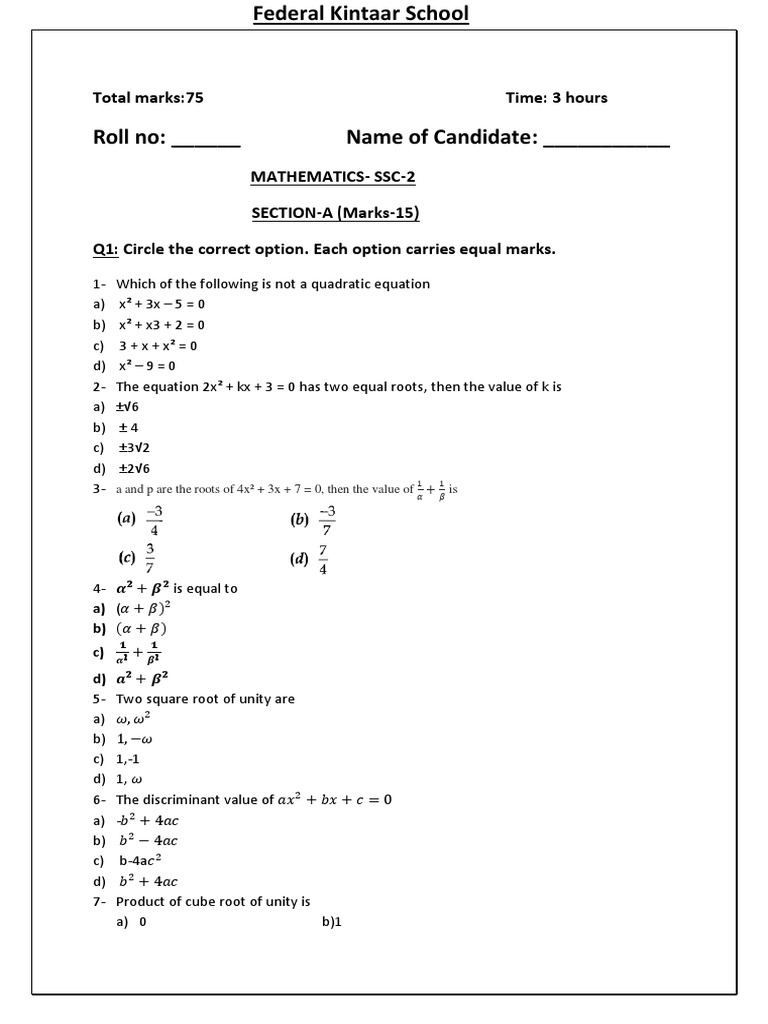 10th Class Mathematics Paper | PDF | Quadratic Equation | Equations