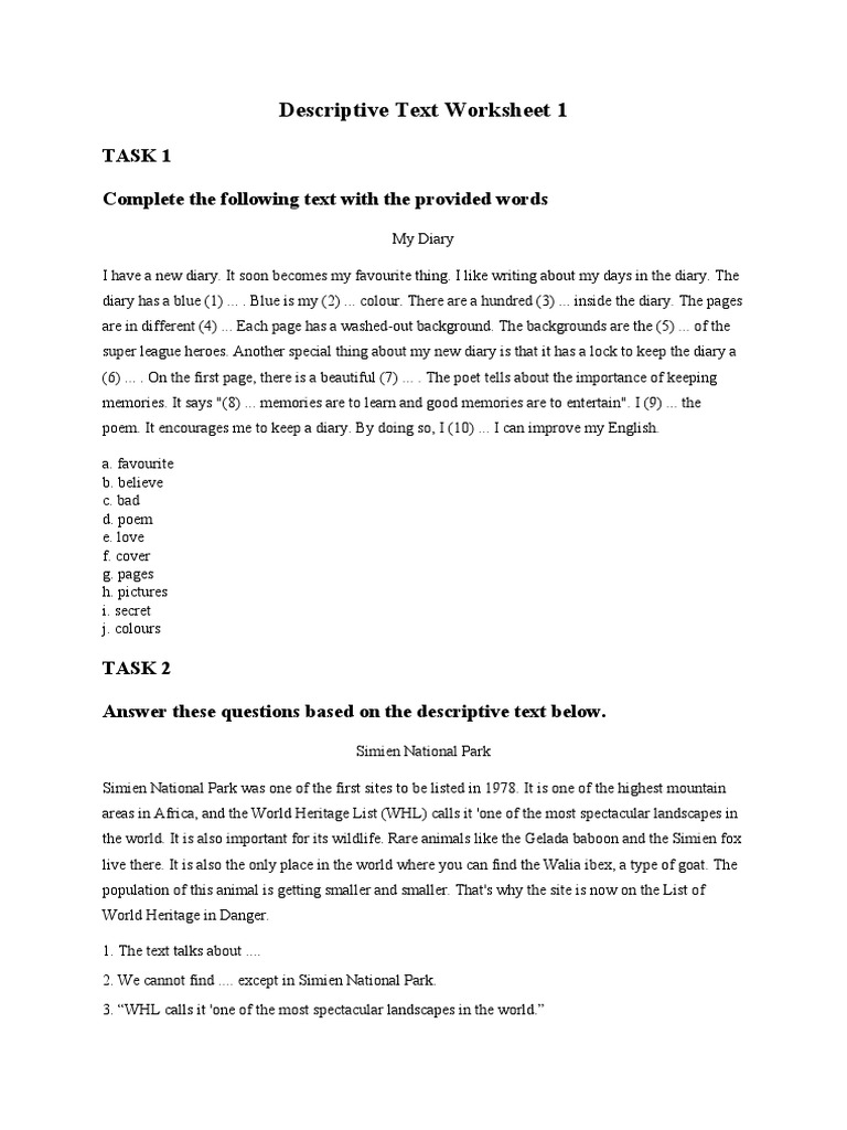 Descriptive Text Worksheet 1 | PDF | General Fiction