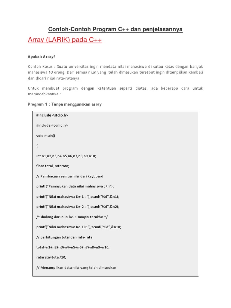 Array (LARIK) Pada C++: Contoh-Contoh Program C++ Dan Penjelasannya | PDF