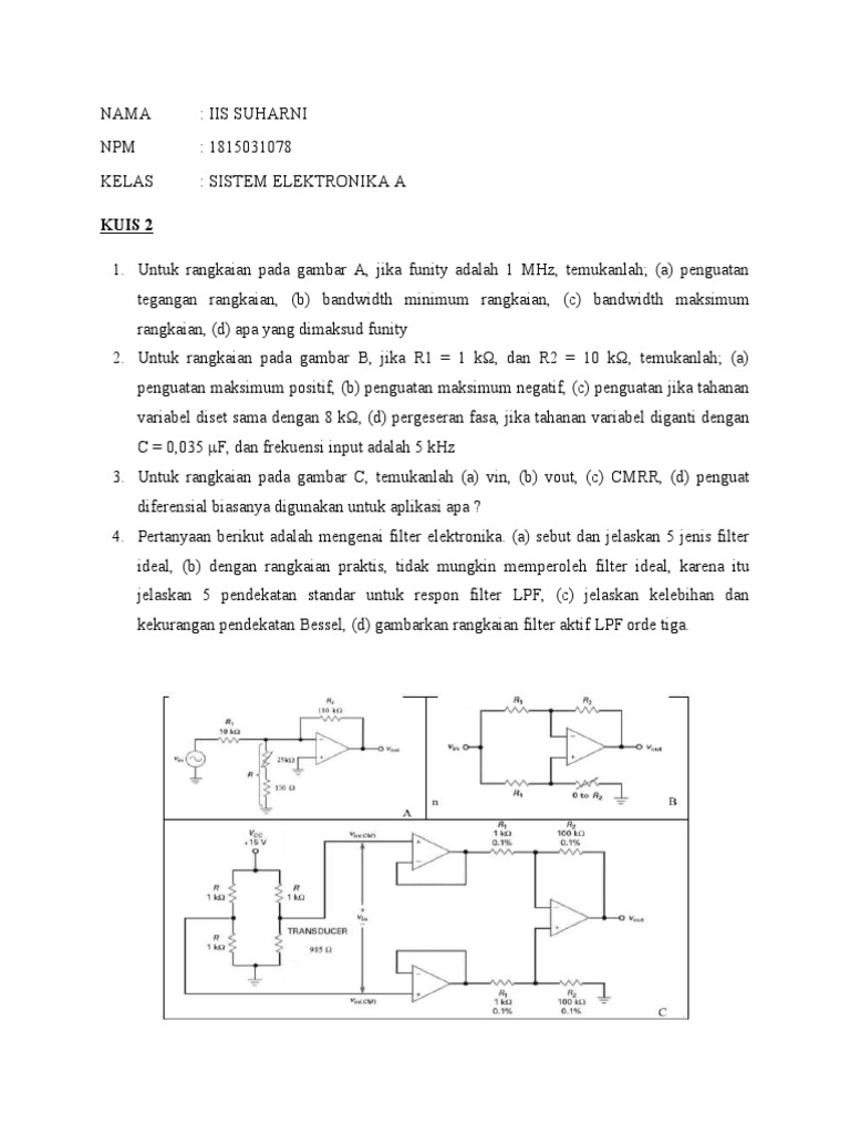 Kuis 2 Sistem Elektronika A - Iis Suharni - 1815031078 | PDF | Sains & Matematika
