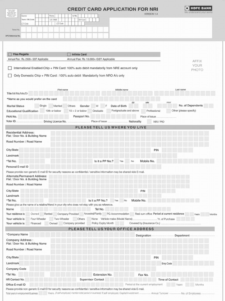 HDFC NRI Credit Card Application Form | PDF