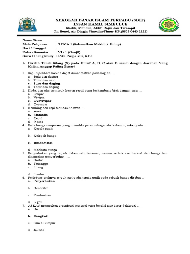 Soal Ujian Tema 1 | PDF