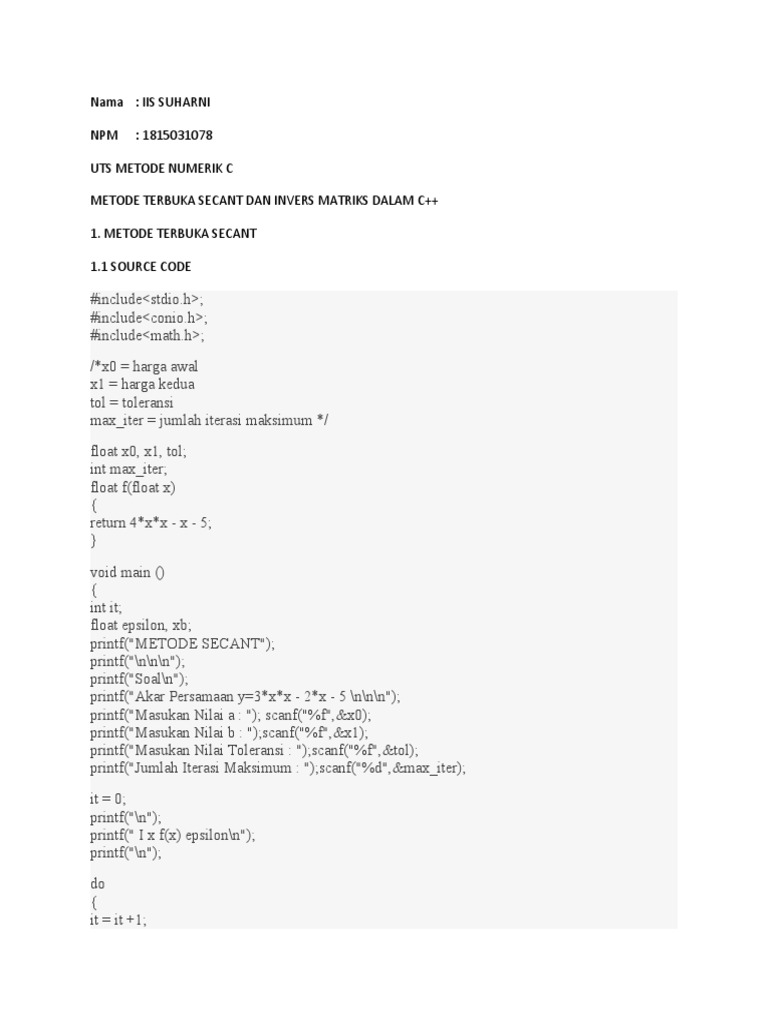 Uts Metode Numerik Iis Suharni 1815031078 Pste C | PDF | Algebra | Computer Libraries