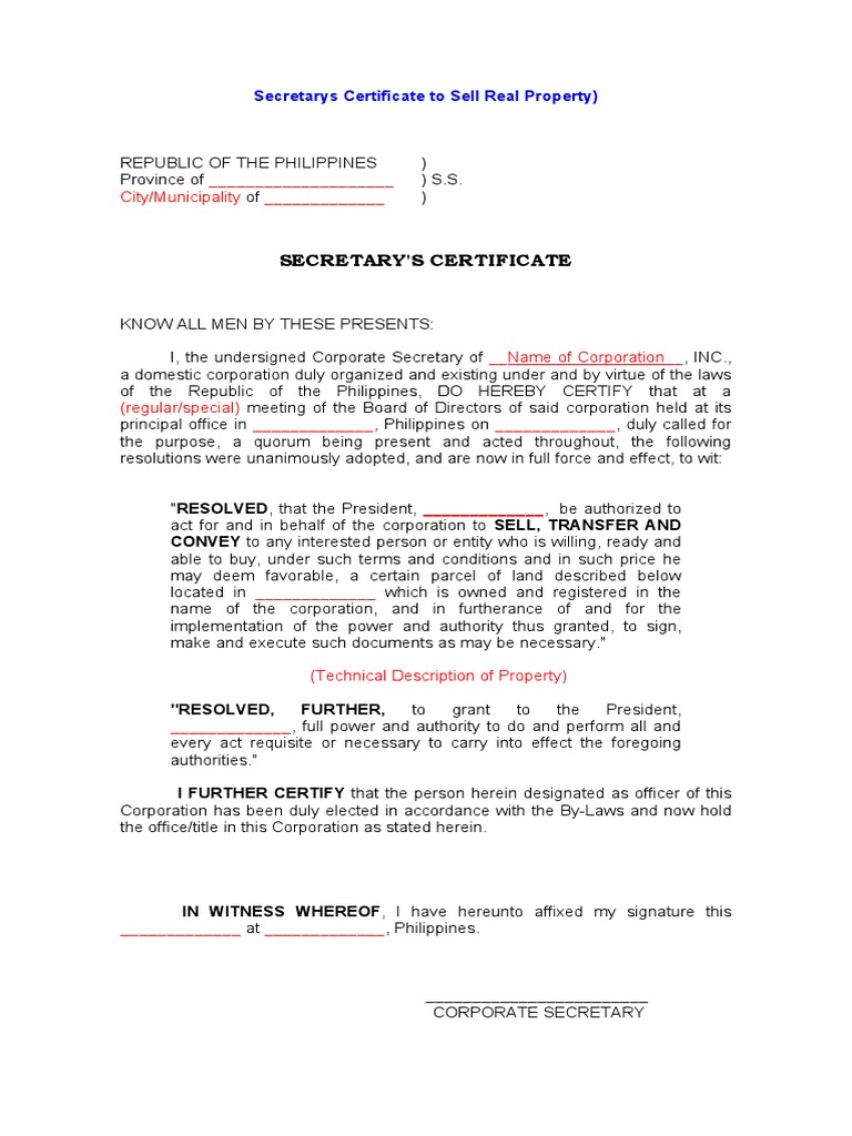 Secretary's Certificate for Property Sale | PDF | Corporations ...