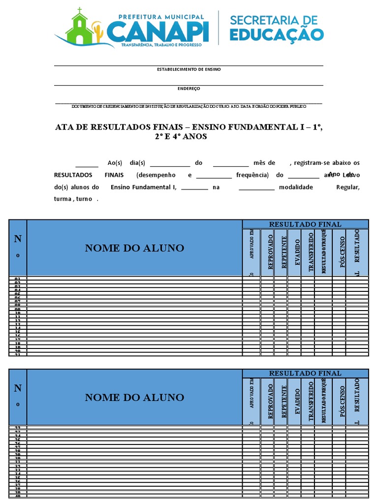 Ata de Resultados Finais Ensino de Fundamental I - 1º, 2º e 4º Anos 2021 | PDF