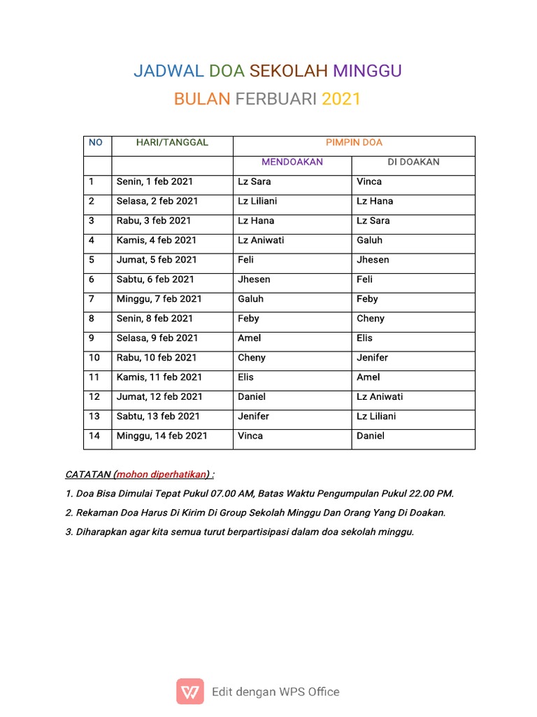 Jadwal Doa Sekolah Minggu | PDF