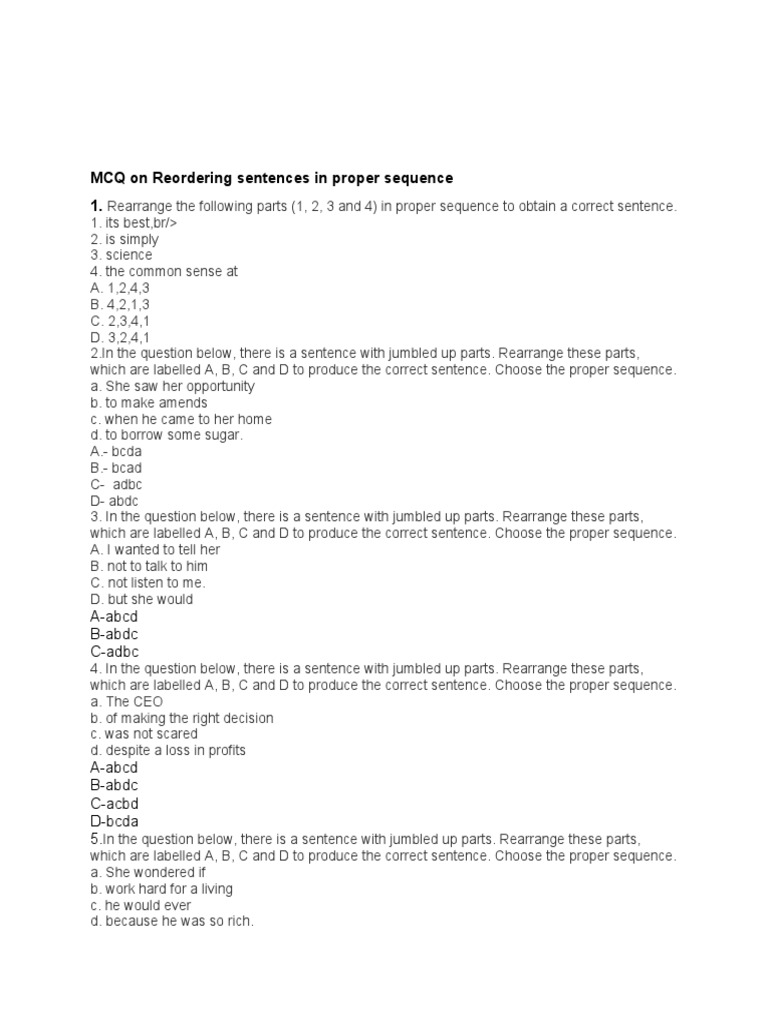 MCQ On Reordering Sentences in Proper Sequence | PDF