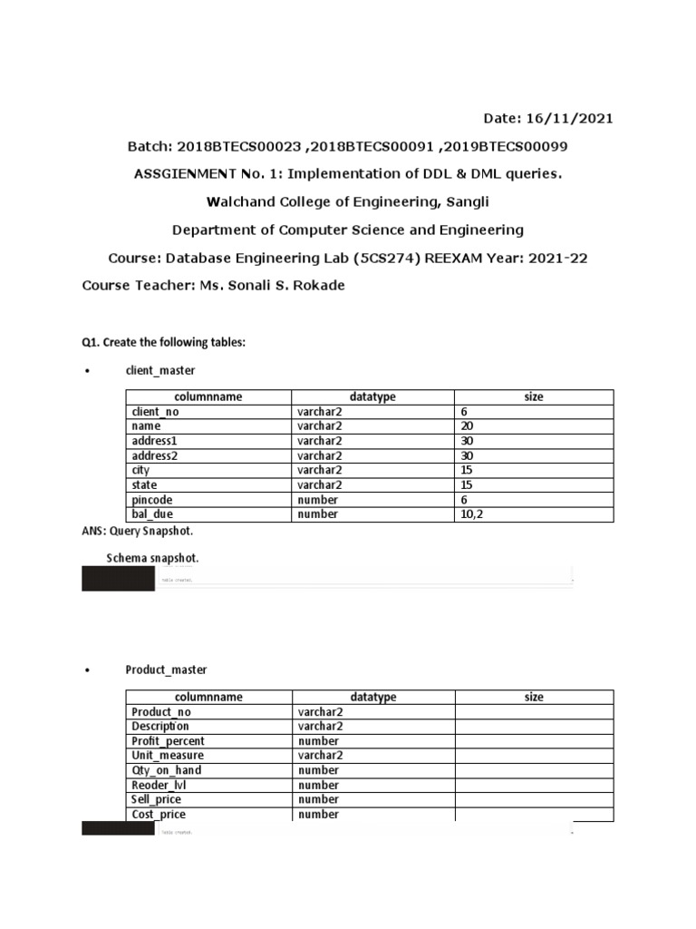 1ST ASSIGNMENT Implementation of DDL and DML Queries 1 | PDF | Software ...