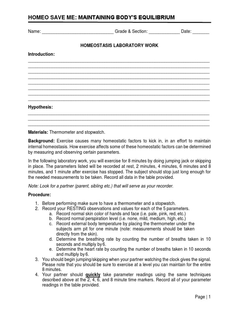 Homeostasis Lab: Exercise Effects | PDF | Homeostasis | Heart Rate