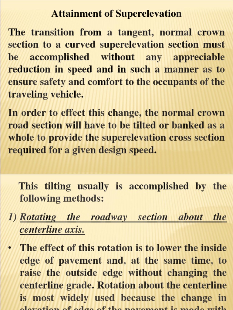 HIGHWAYS, Attainment of Superelevation | PDF | Slope | Lane