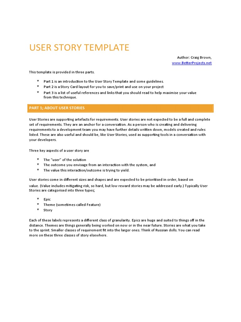 User Story Template: Part 1 About User Stories | PDF | Computing ...
