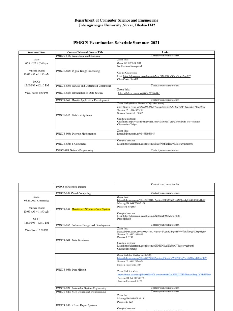 PMSCS Examination Schedule Summer-2021 | PDF | Computing | Computer Programming