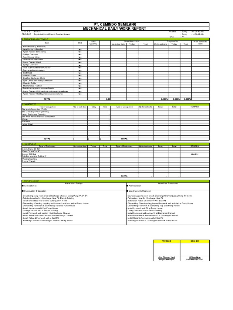 Pt. Cemindo Gemilang Mechanical Daily Work Report: Total 0.00 0.000% 0. ...