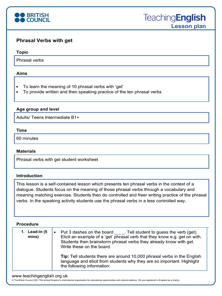 Phrasal Verbs With Get Lesson Plan | PDF | Lesson Plan | English Language