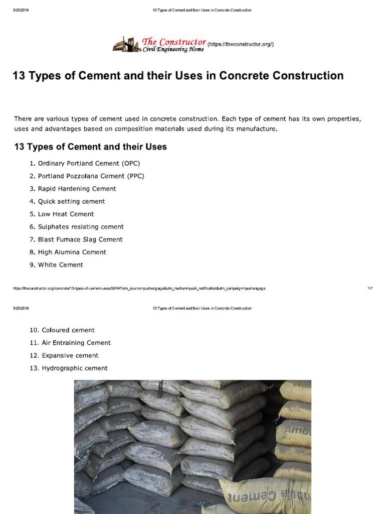 13 Types of Cement and Their Uses in Concrete Construction | PDF