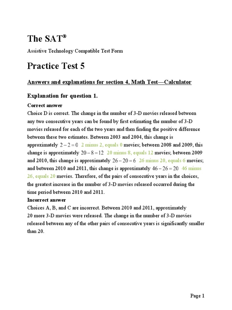 Sat Practice Test 5 Math Calculator Answers Assistive Technology | PDF ...