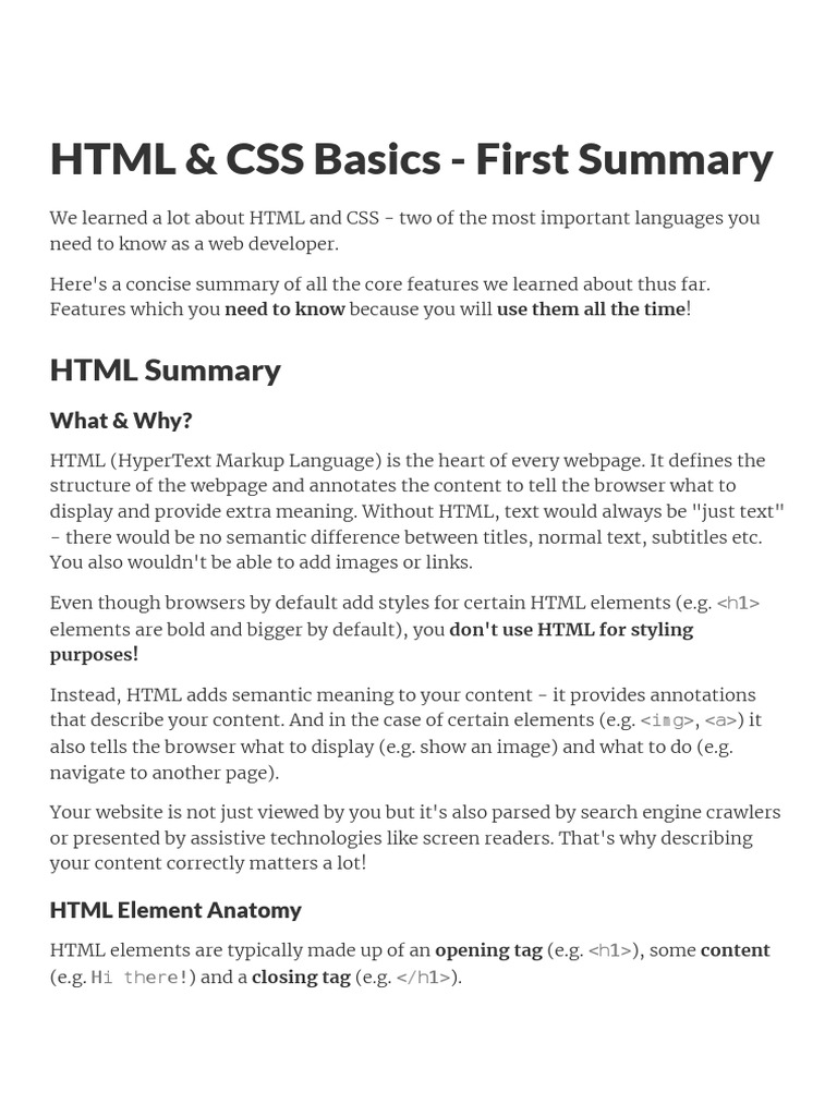 HTML Css Summary | PDF | Html | Html Element