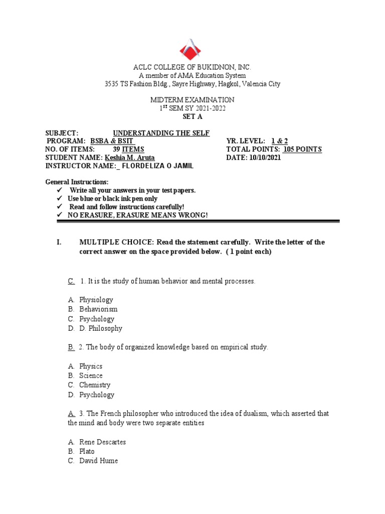 Uts Midterm Exam - 1stsem 2021 2022 | PDF | Psychology | Cognitive Science