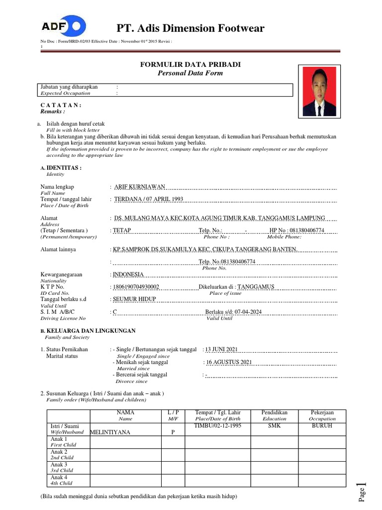 Formulir Data Pribadi Staff | PDF