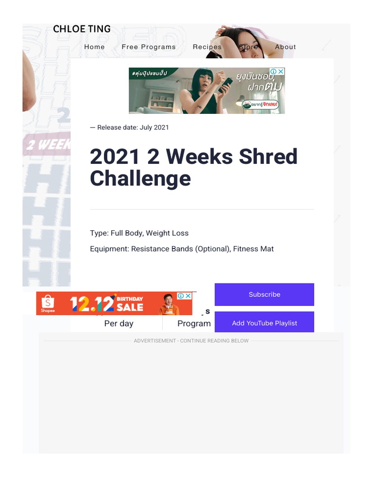 Chloe Ting - 2021 2 Weeks Shred Challenge - Free Workout Program | PDF | Nutrition | Diet ...
