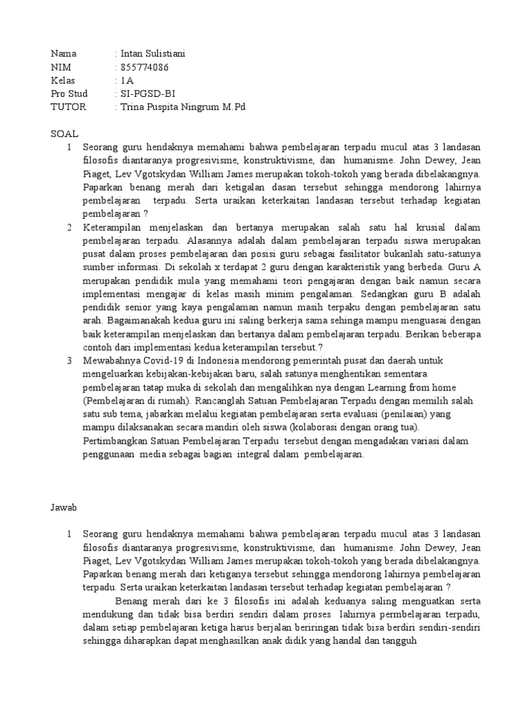 Tugas Tutorial 1 Pembelajaran Terpadu | PDF | Karier & Perkembangan | Kesehatan Holistik