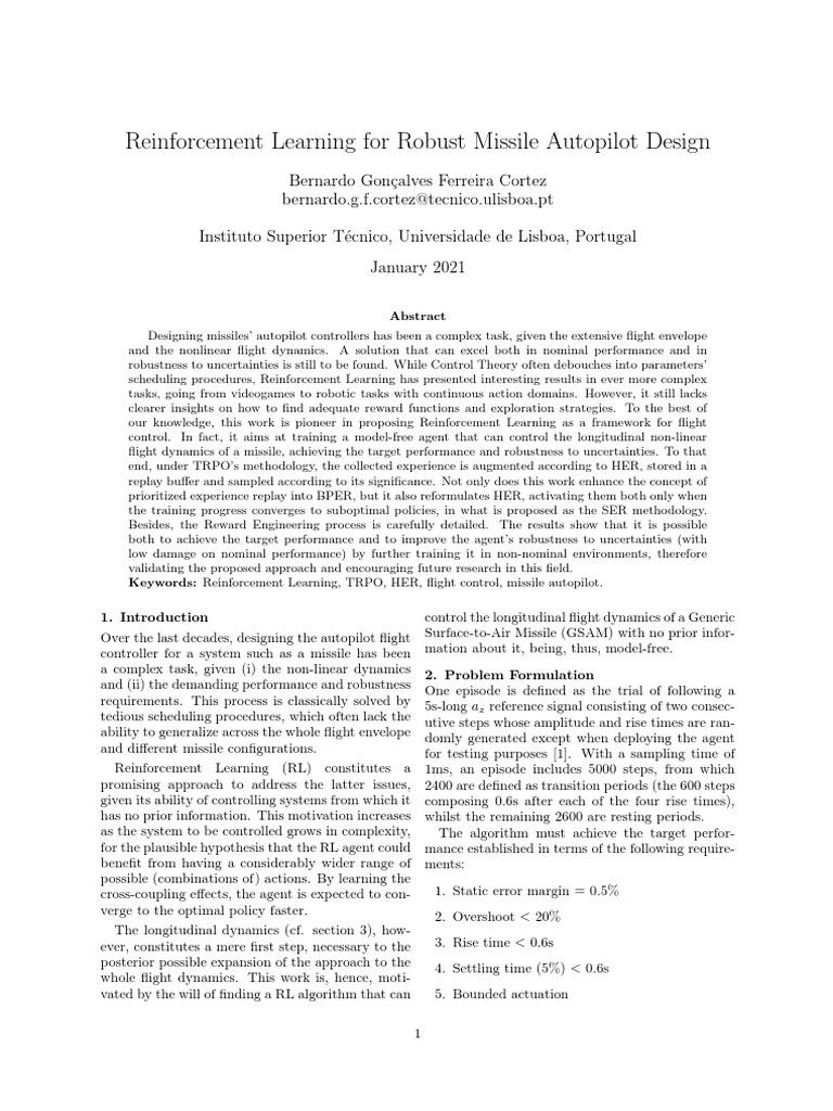 Reinforcement Learning For Robust Missile Autopilot Design | PDF ...
