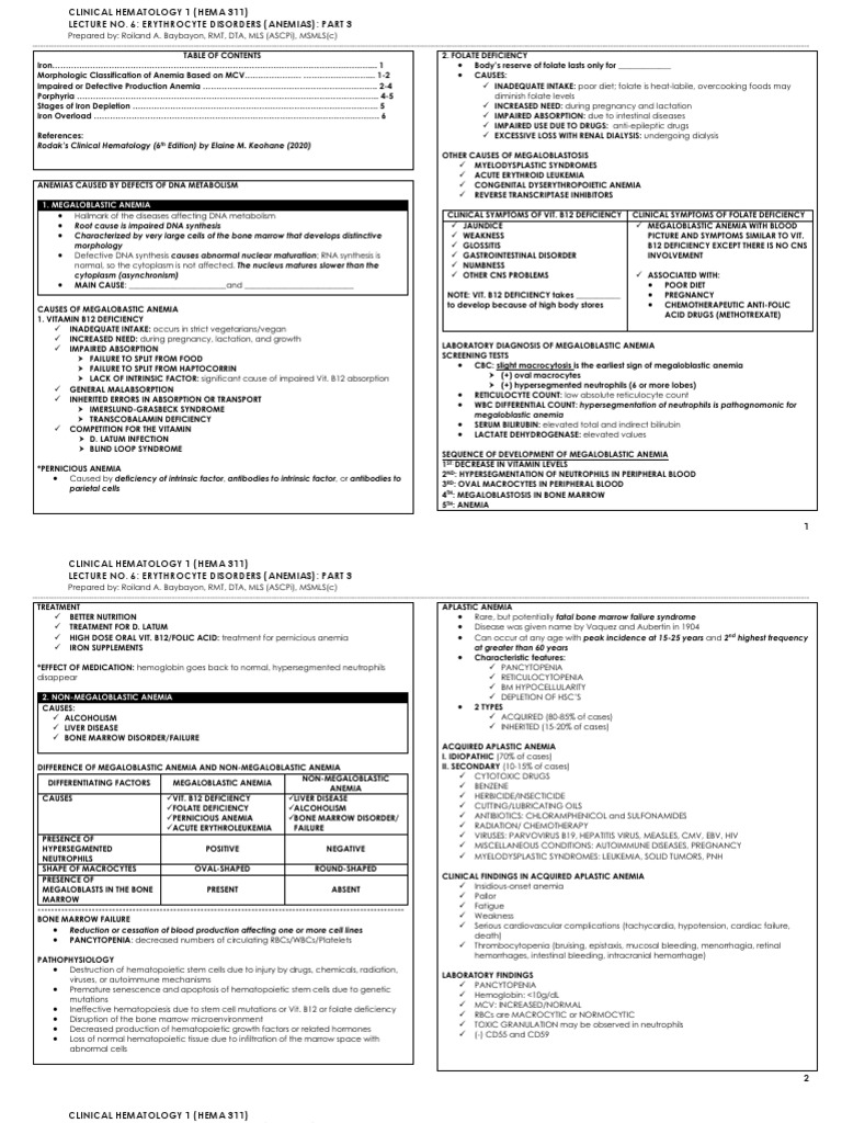 Hema 311 Lecture Guide Notes No. 8 - Anemia (Part 3) | PDF | Anemia ...
