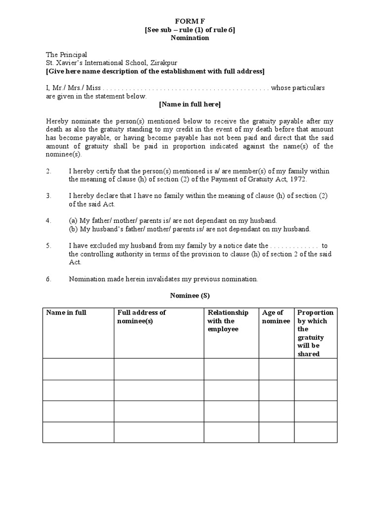 FORM F of Gratuity Nomination | PDF | Government | Justice