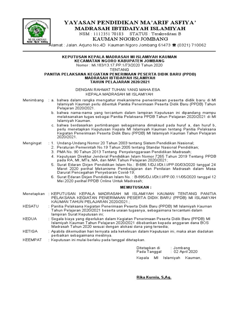 Contoh - SK Panitia PPDB Tahun Pelajaran 2020-2021 | PDF