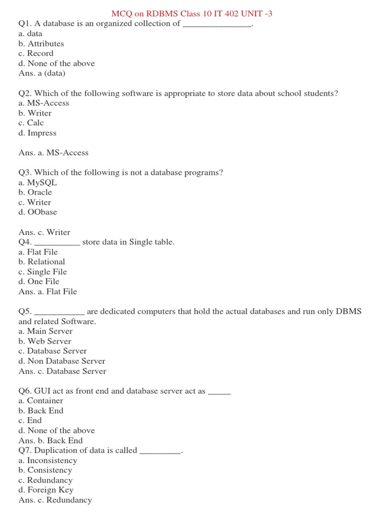 MCQ On RDBMS | PDF | Relational Database | Databases