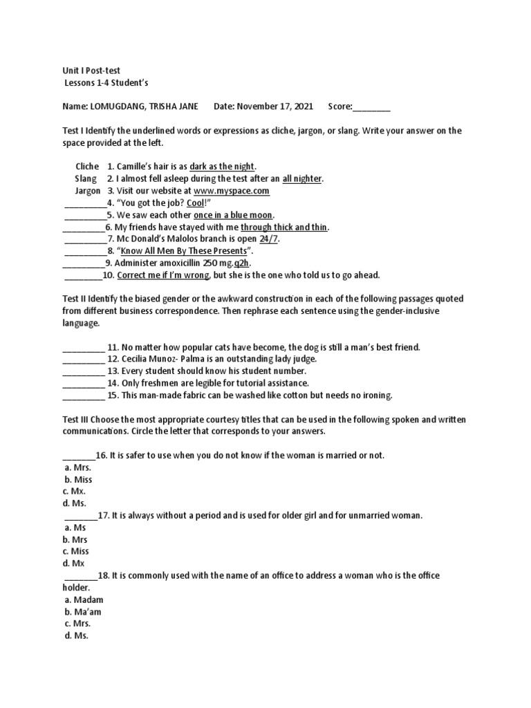Unit I Post Test Lessons 1-4 | PDF | Doctorate | Sociolinguistics