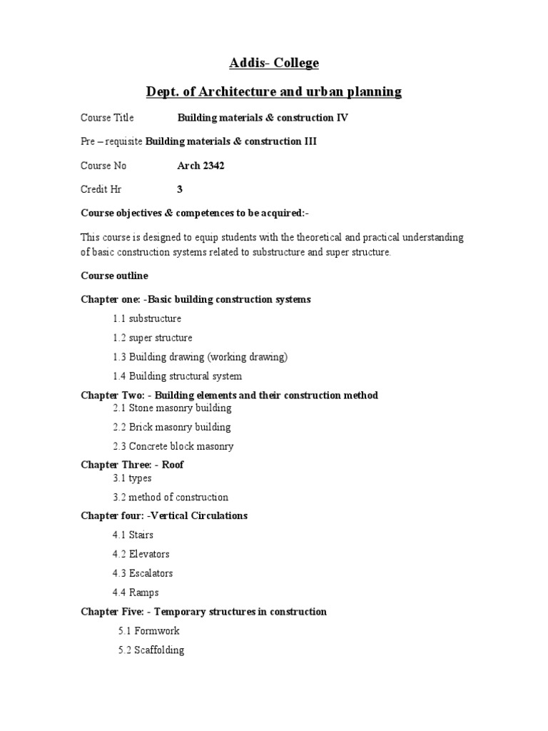 Building Materials & Construction IV Course Outline | PDF