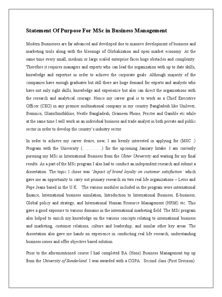 Statement of Purpose For MSC in Business Management | PDF | University ...