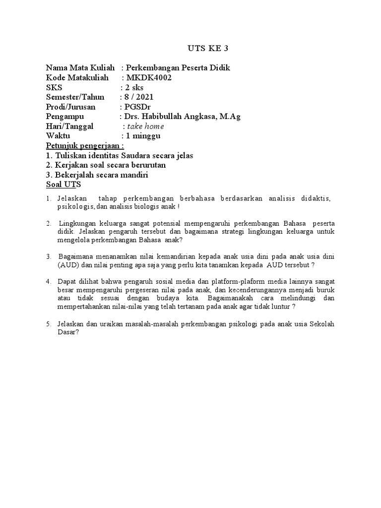 Soal Uts Ke 3 MKDK4002 | PDF | Kesehatan Holistik | Sains & Matematika