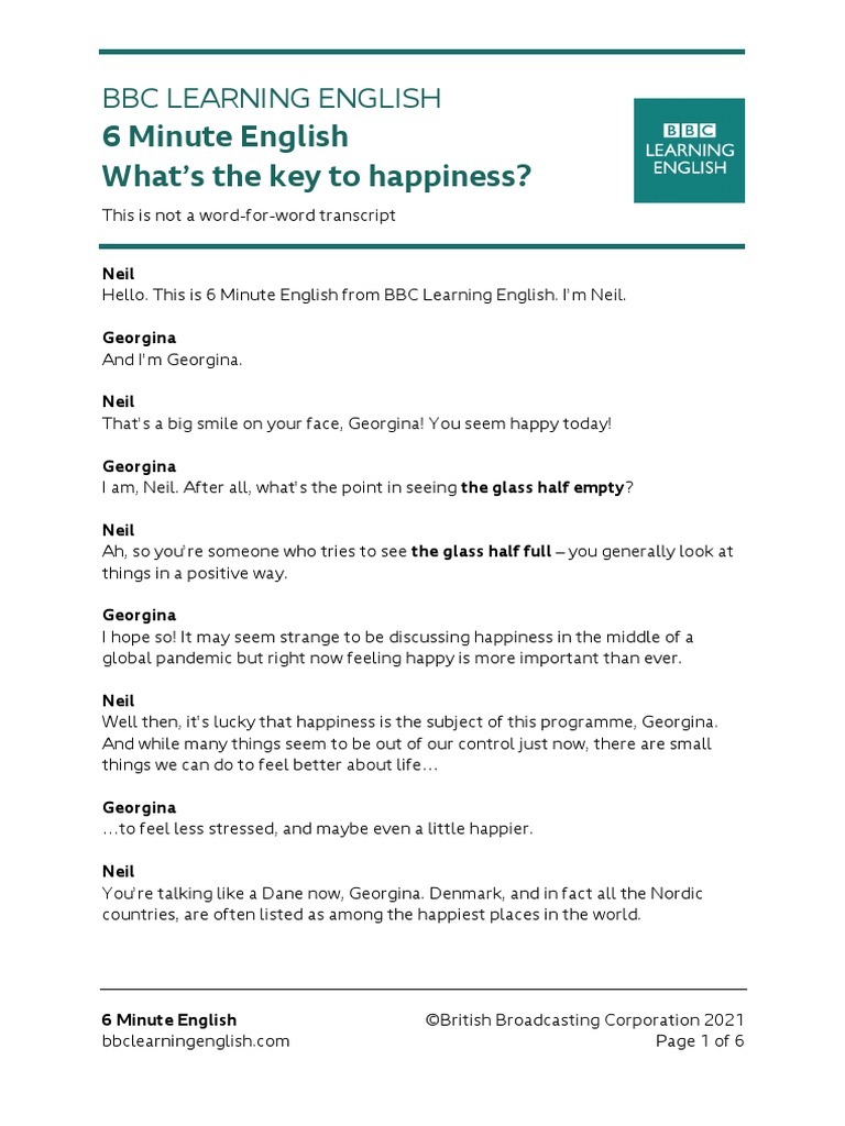 6 Minute English What's The Key To Happiness? | PDF | Happiness | Pleasure