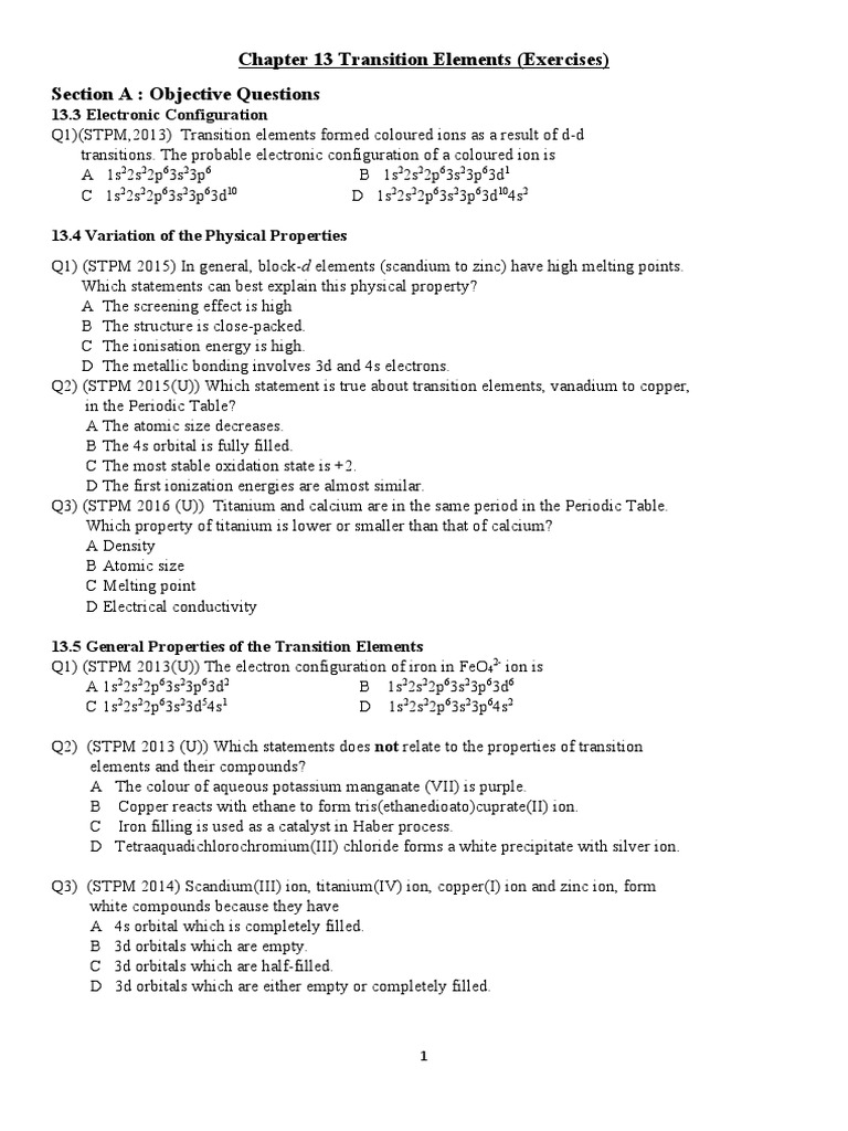 Chapter 13 Transition Elements (Exercises) Section A: Objective Questions | PDF | Transition ...