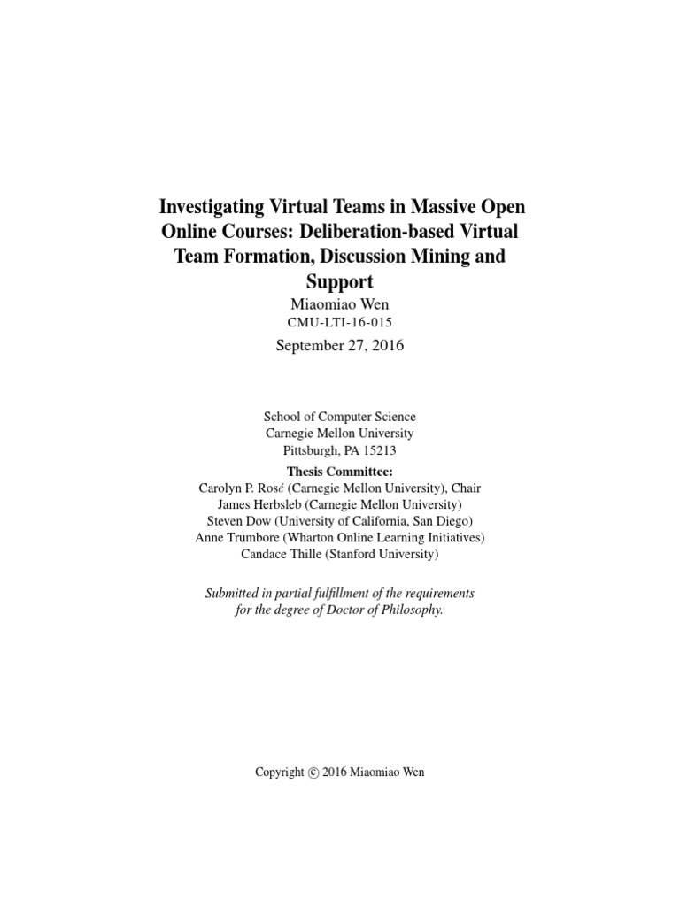 Wen, Miaomiao - CMU-LTI-16-015 - 2016 | PDF | Massive Open Online Course | Educational Technology