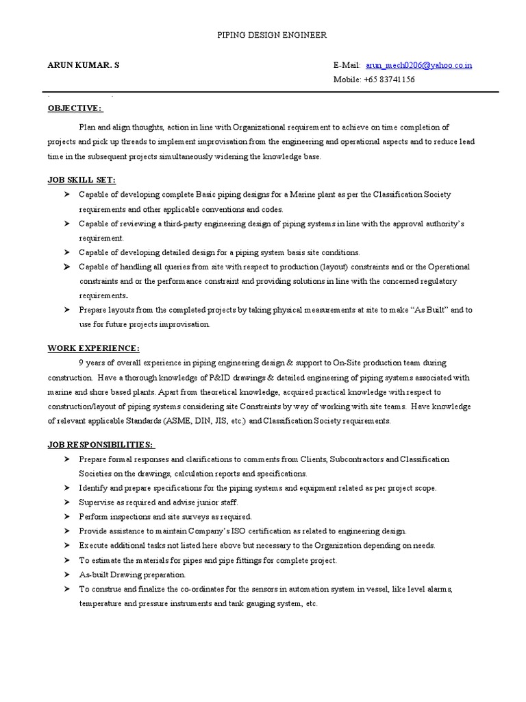 Arun Kumar S (Piping Design Engineer) - Resume | PDF | Design ...