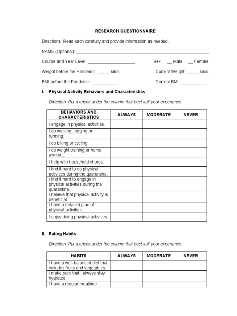 Research Questionnaire: Direction: Put A Check Under The Column That ...