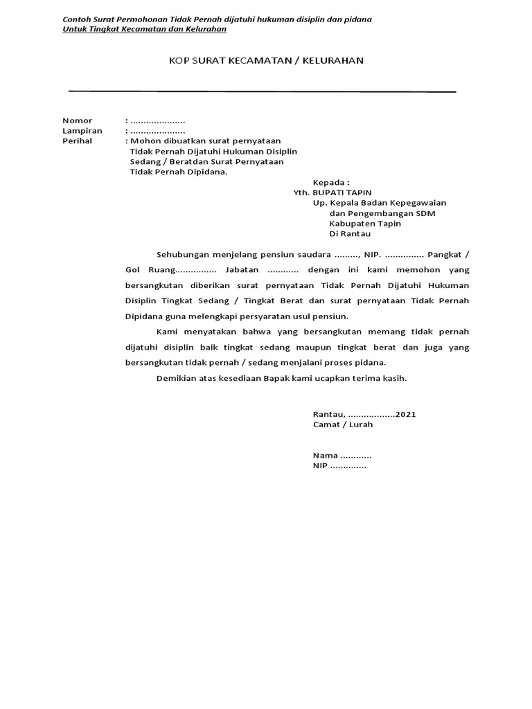 Contoh Surat Permohonan Tidak Pernah Dijatuhi Hukuman Disiplin Dan ...