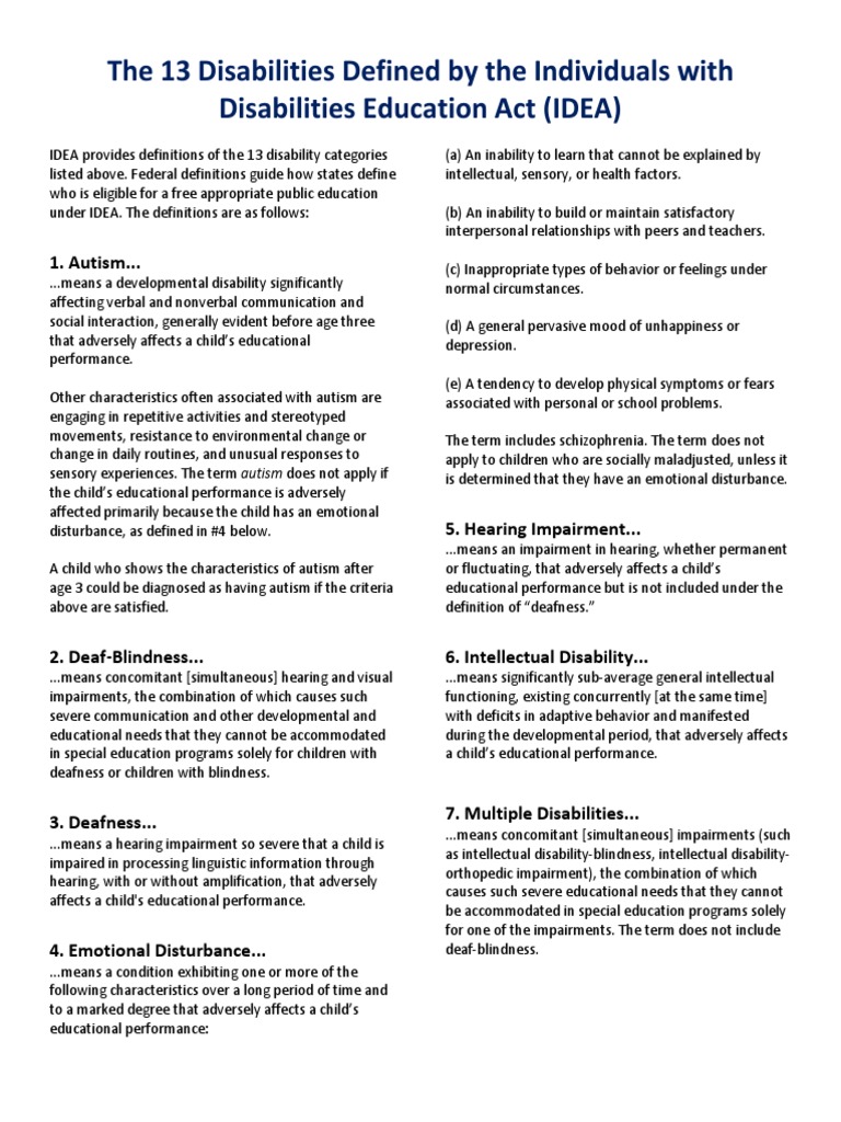 13 Categories of IDEA | PDF | Autism | Disability