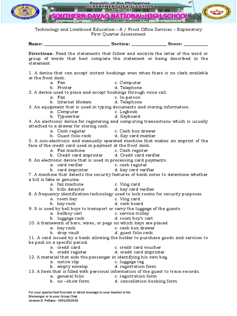 Front Office Services Assessment Guide | PDF | Hazards | Credit Card