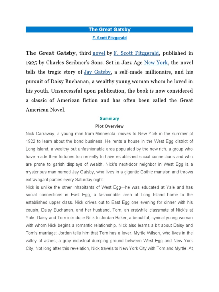 The Great Gatsby Summary | PDF | The Great Gatsby | Novels