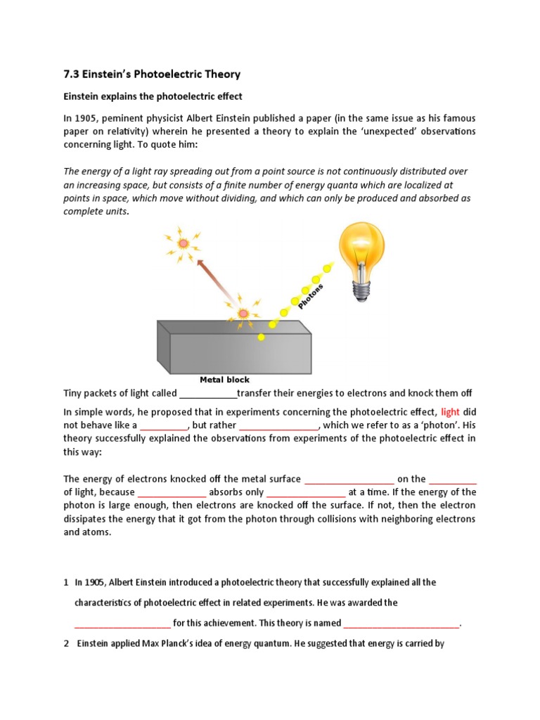 7.3 Einstein's Photoelectric Theory (S) | PDF | Photoelectric Effect ...