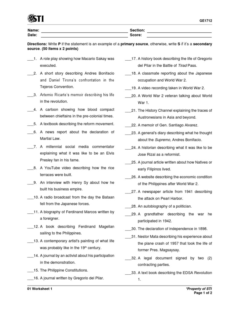 Name: Section: Date: Score: Directions: Write P If The Statement Is An ...