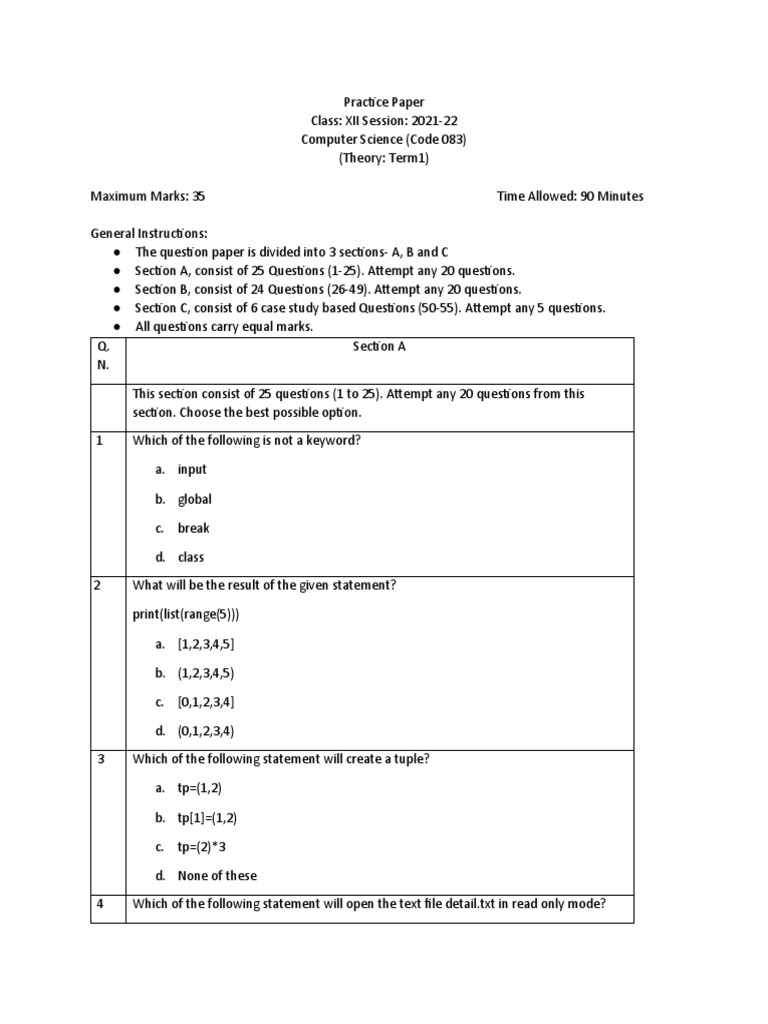 CS Practice Paper Term1 | PDF | Subroutine | Computer File