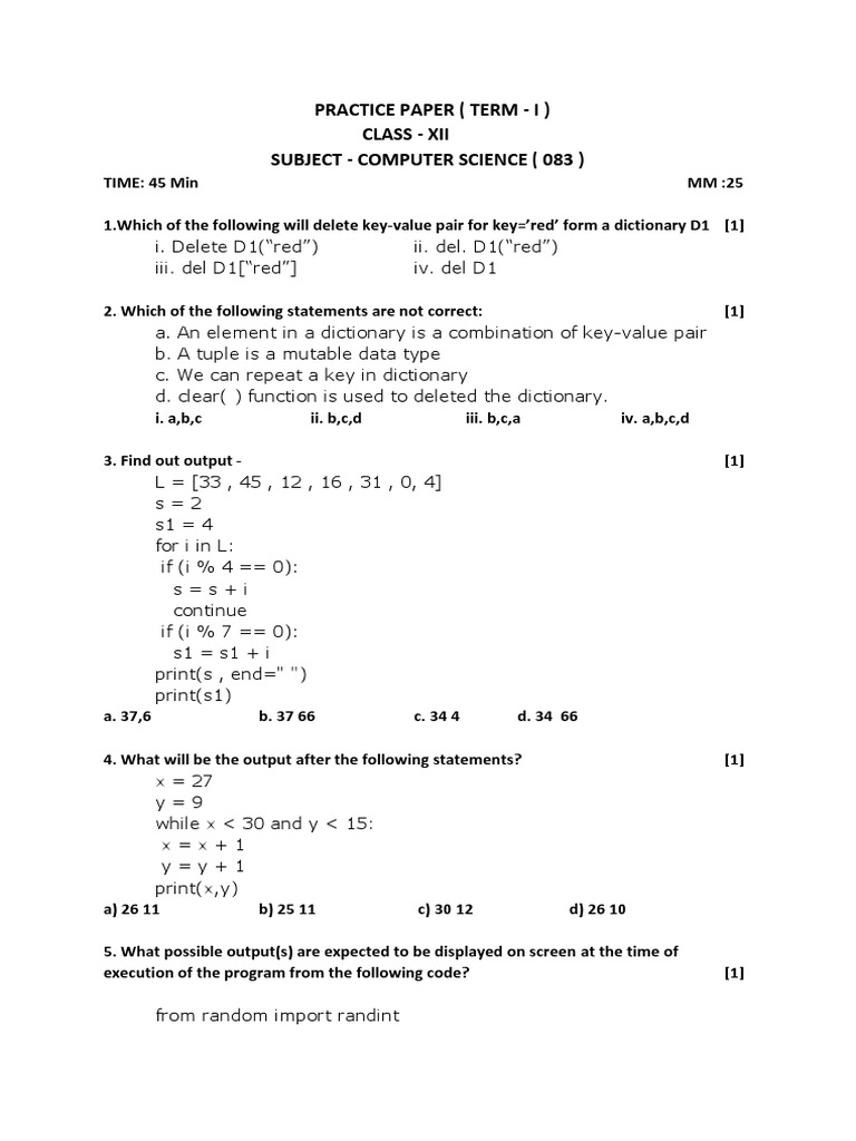 Practice Paper (Term - I) Class - Xii Subject - Computer Science (083 ...