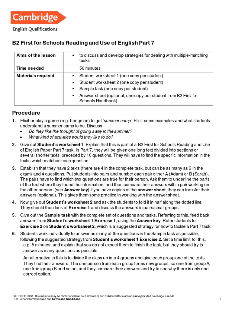 B2 First For Schools Reading and Use of English Part 7 | Download Free ...