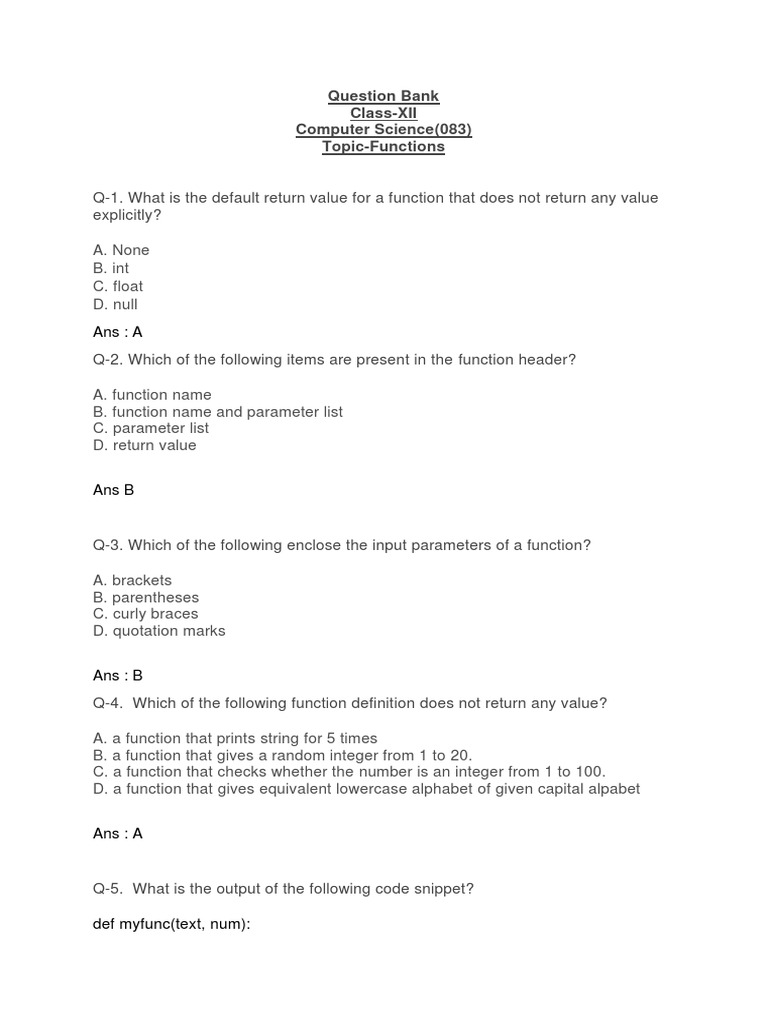 Ans: A: Question Bank Class-XII Computer Science (083) Topic-Functions | Download Free PDF ...