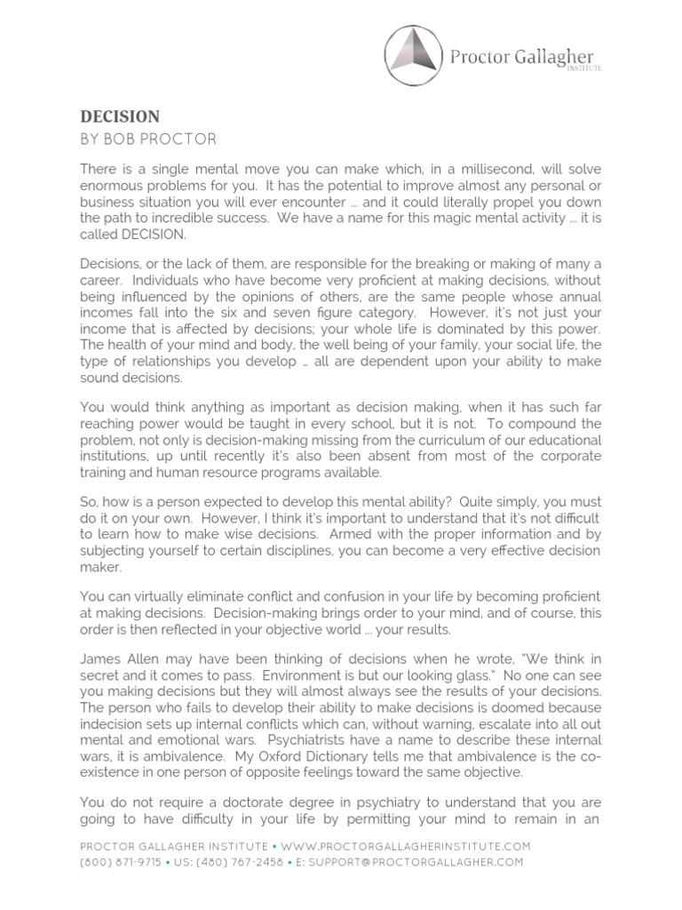 Decision By Bob Proctor Pdf Decision Making Self Actualization